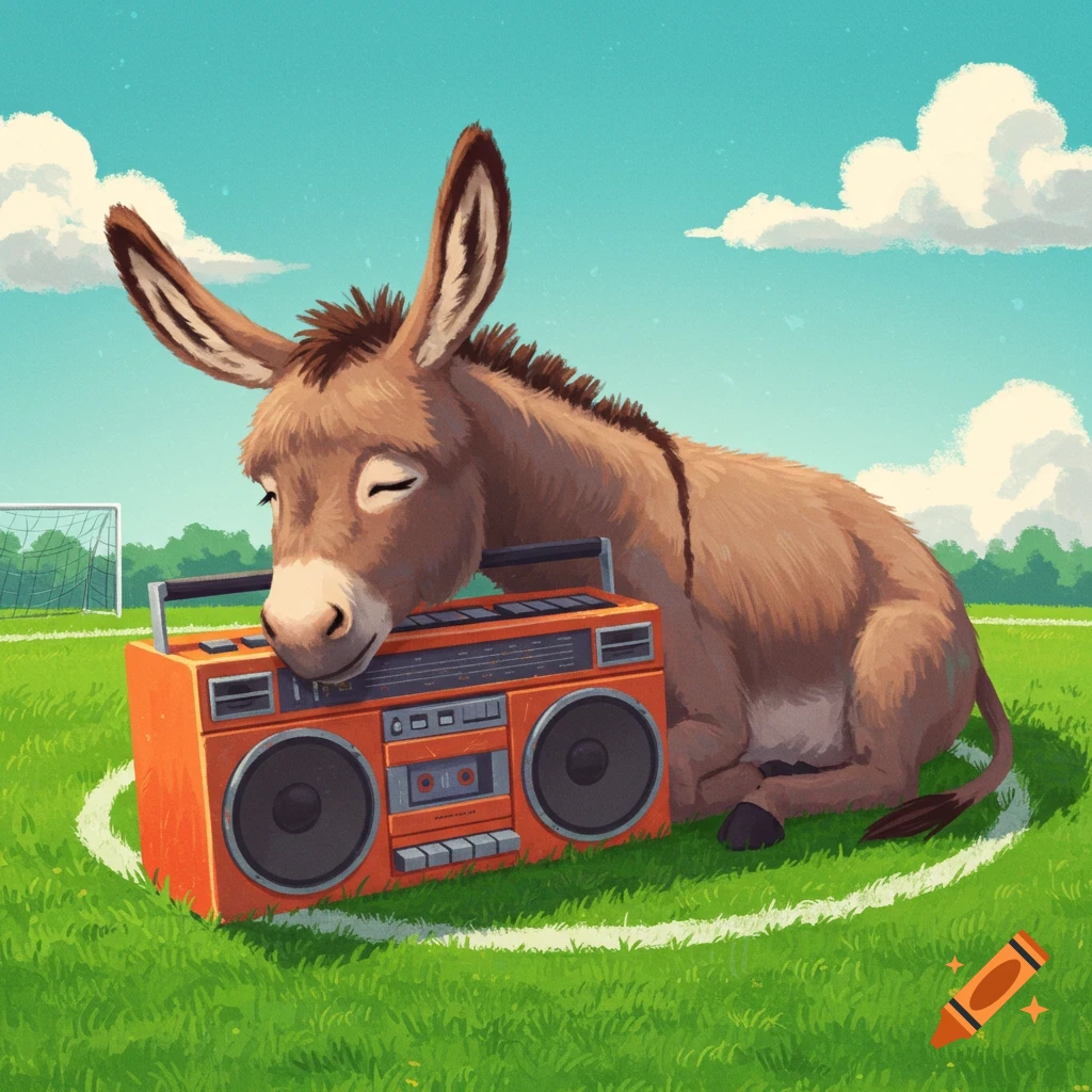 A cartoon donkey sleeps on a soccer field, hugging an orange boombox ...