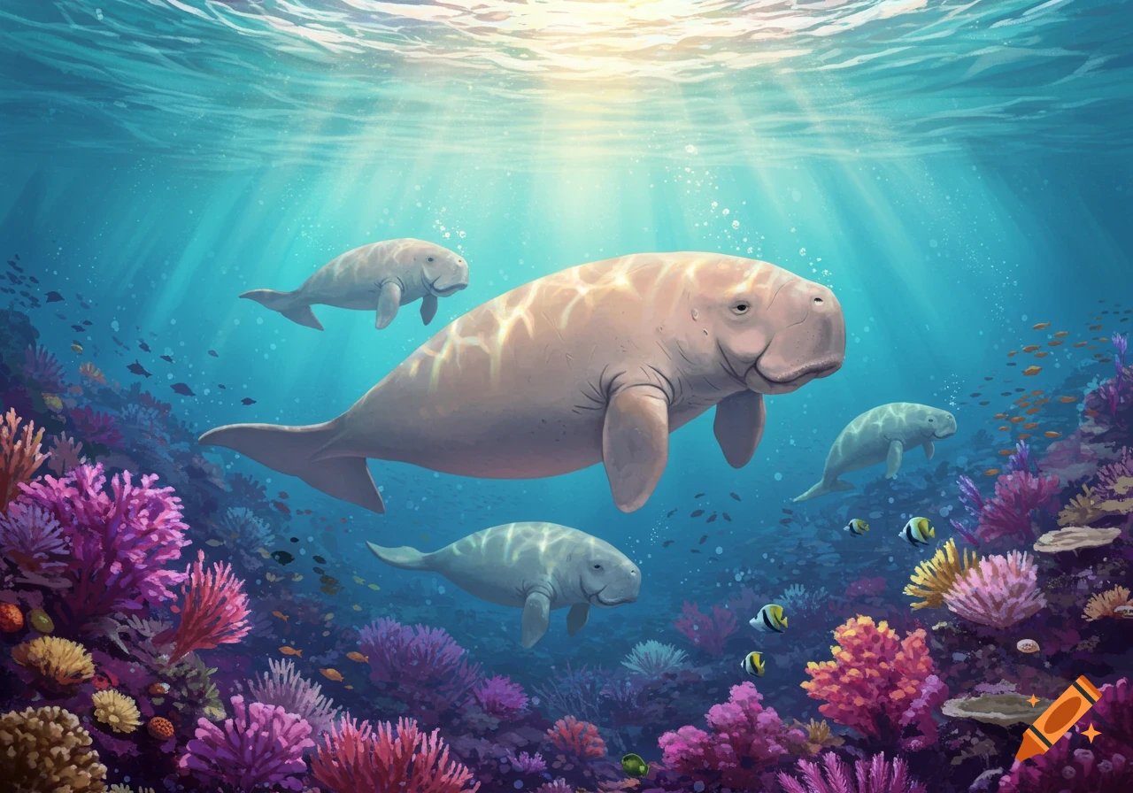 Illustration of dugongs swimming among colorful coral reefs underwater ...