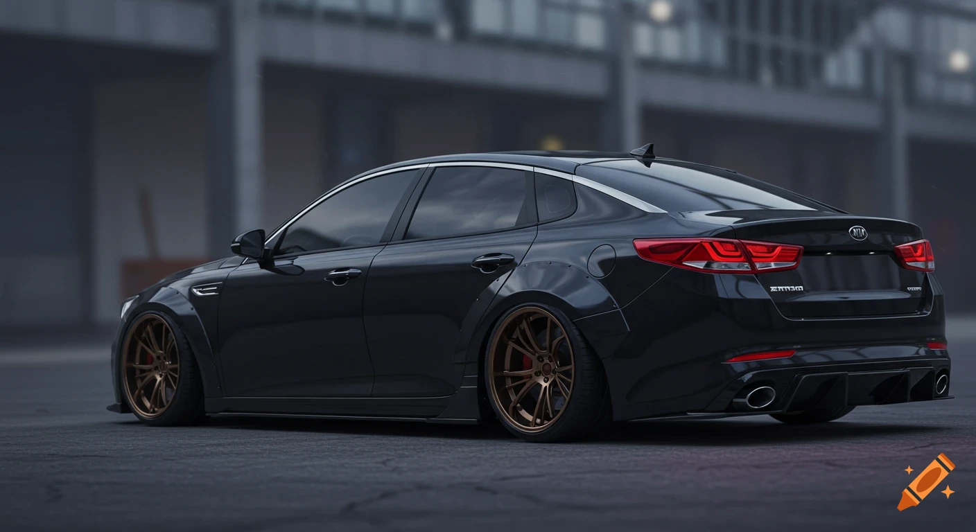 A black widebody modified Kia Optima parked outdoors. on Craiyon