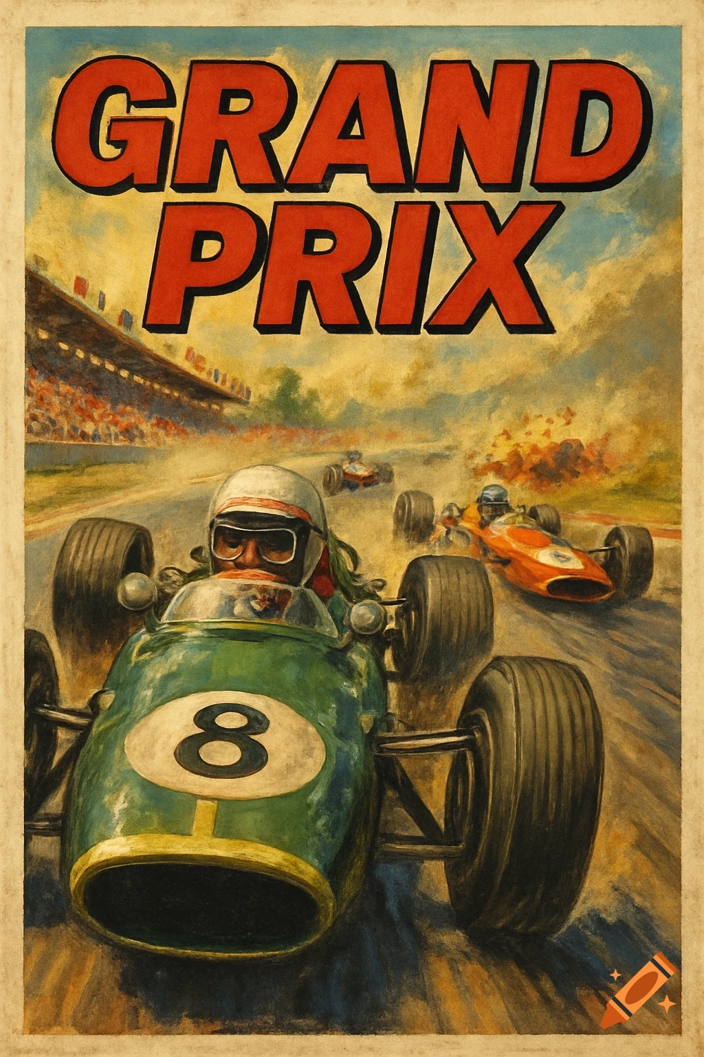 Retro style poster of a Grand Prix race, featuring classic F1 cars on a ...