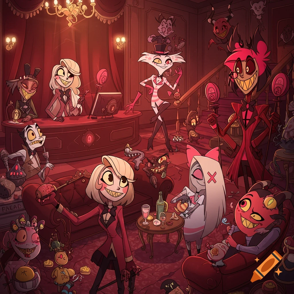 Cartoon image of multiple Hazbin Hotel characters in a red room. on Craiyon