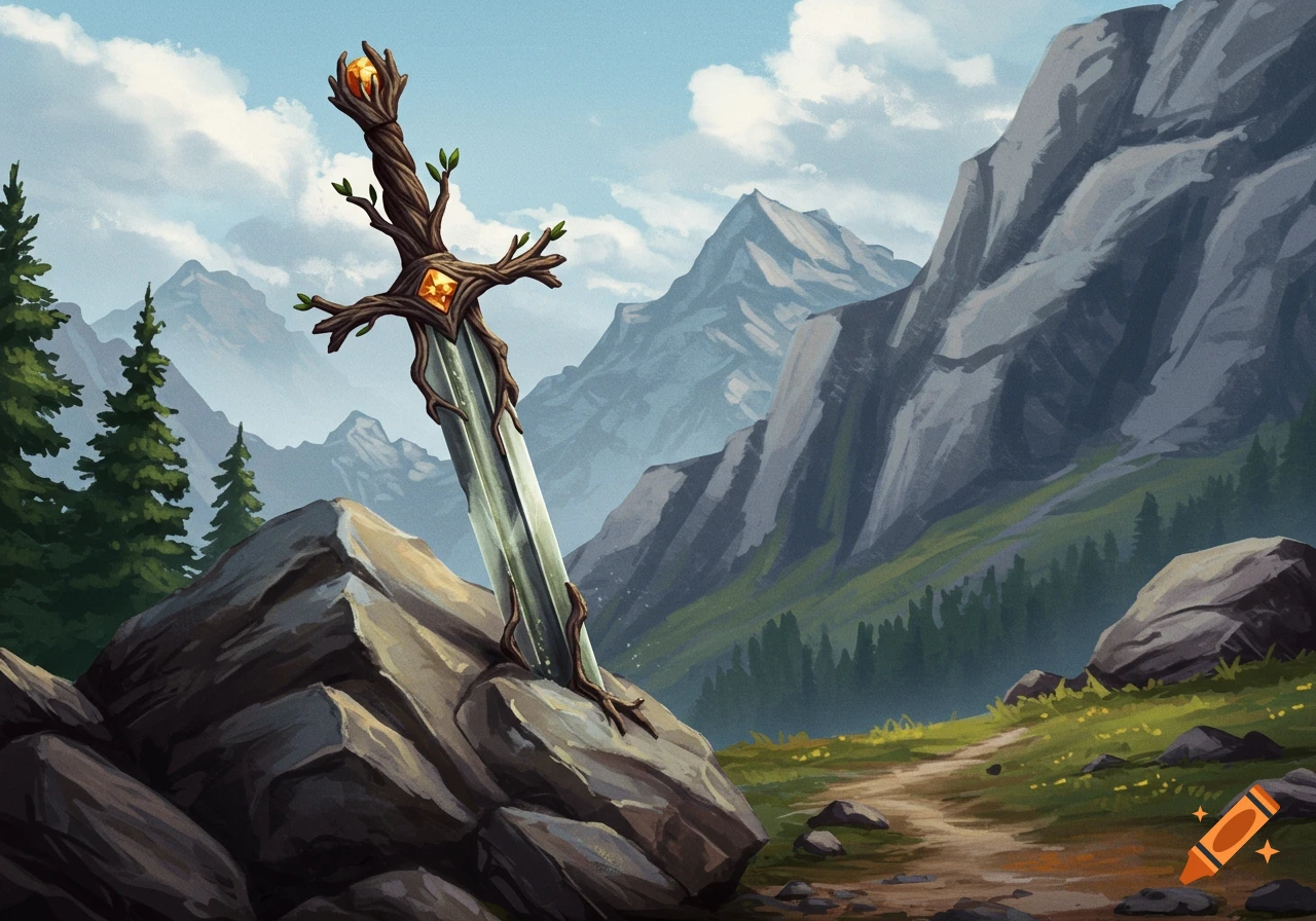 A fantasy broadsword with a tree branch hilt stuck in a rock on a ...