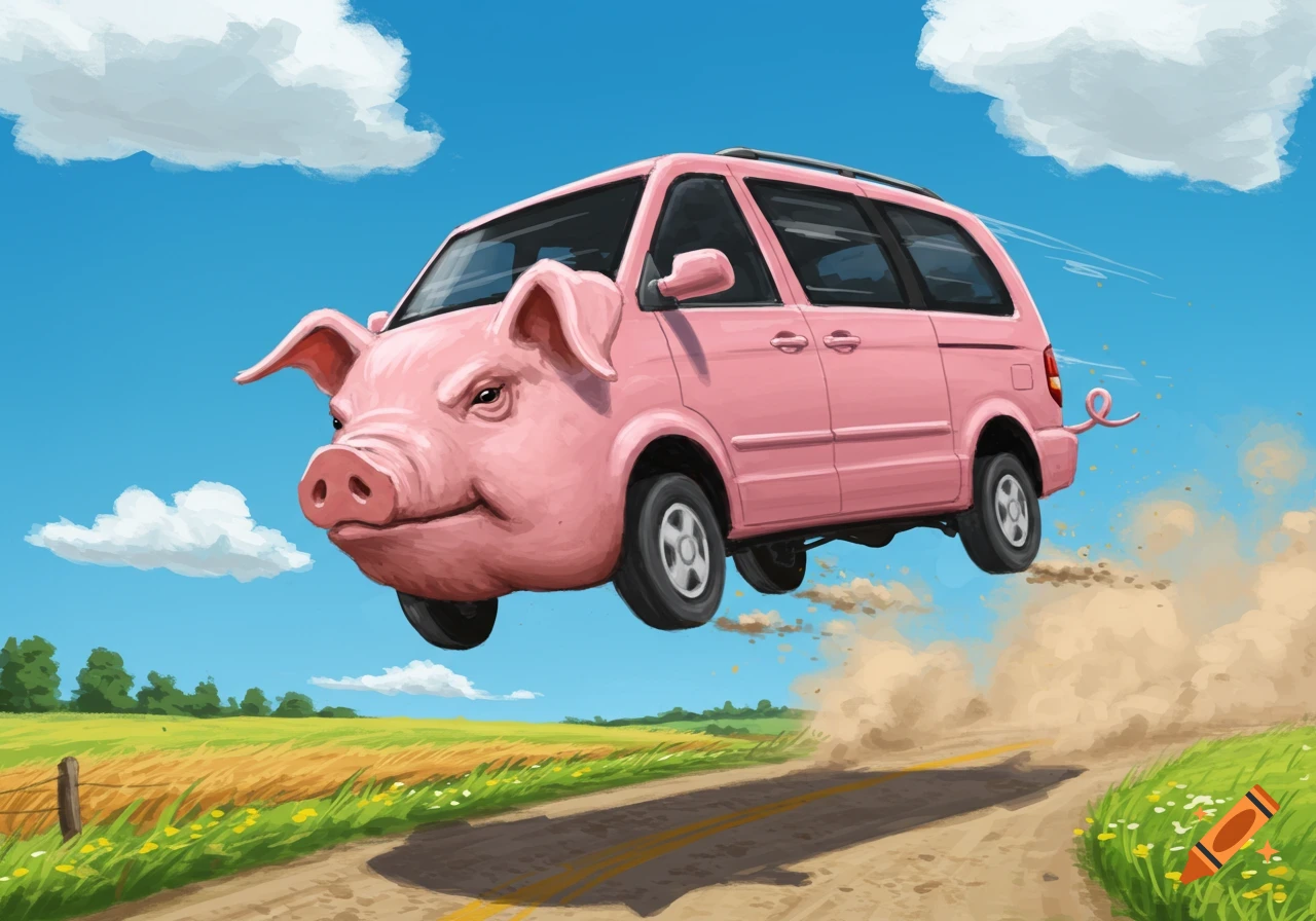 A pink minivan with a pig's head and tail jumps off a dirt road. on Craiyon