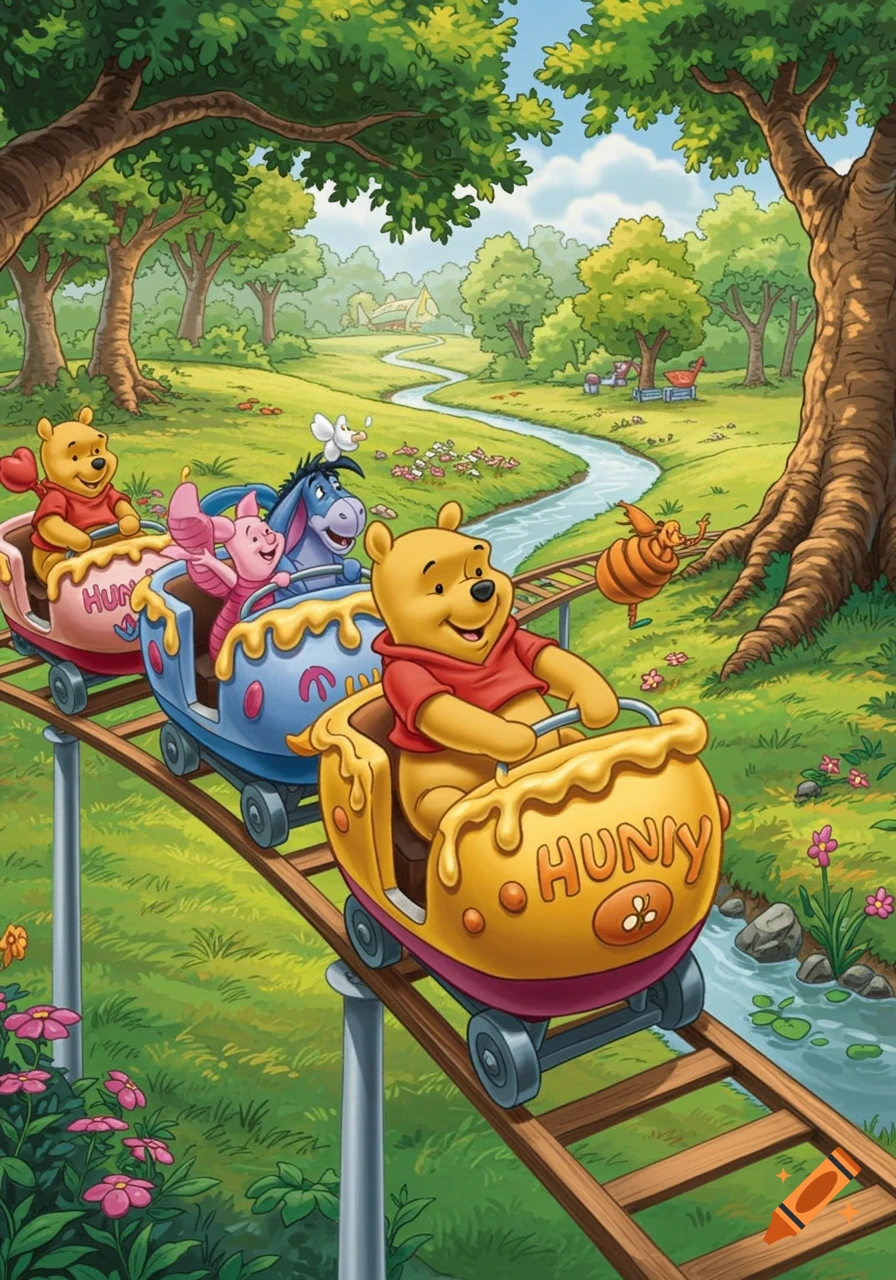 Winnie the Pooh, Piglet, and Eeyore ride a honey pot themed roller ...