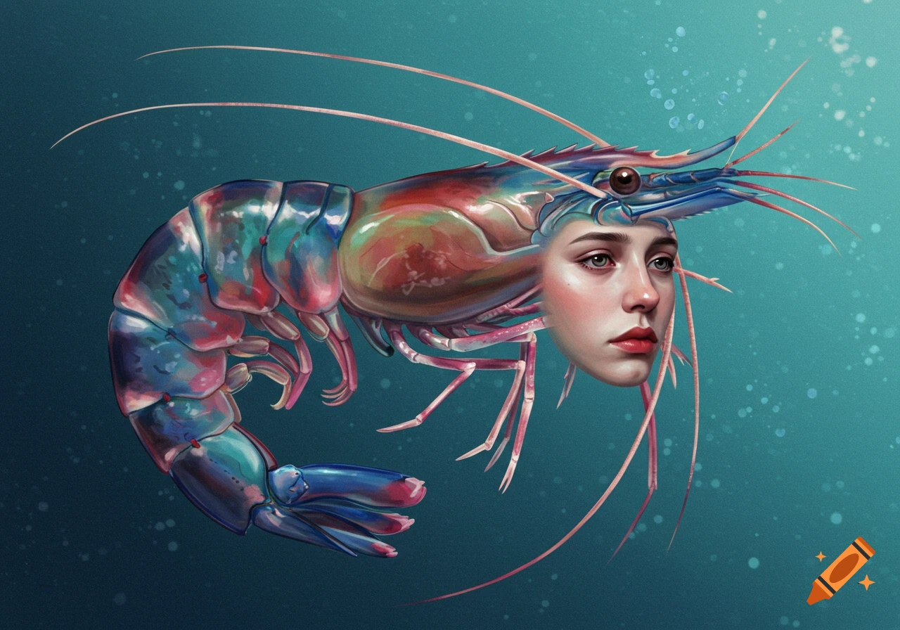 A surreal creature combining a shrimp body with a human face floats ...