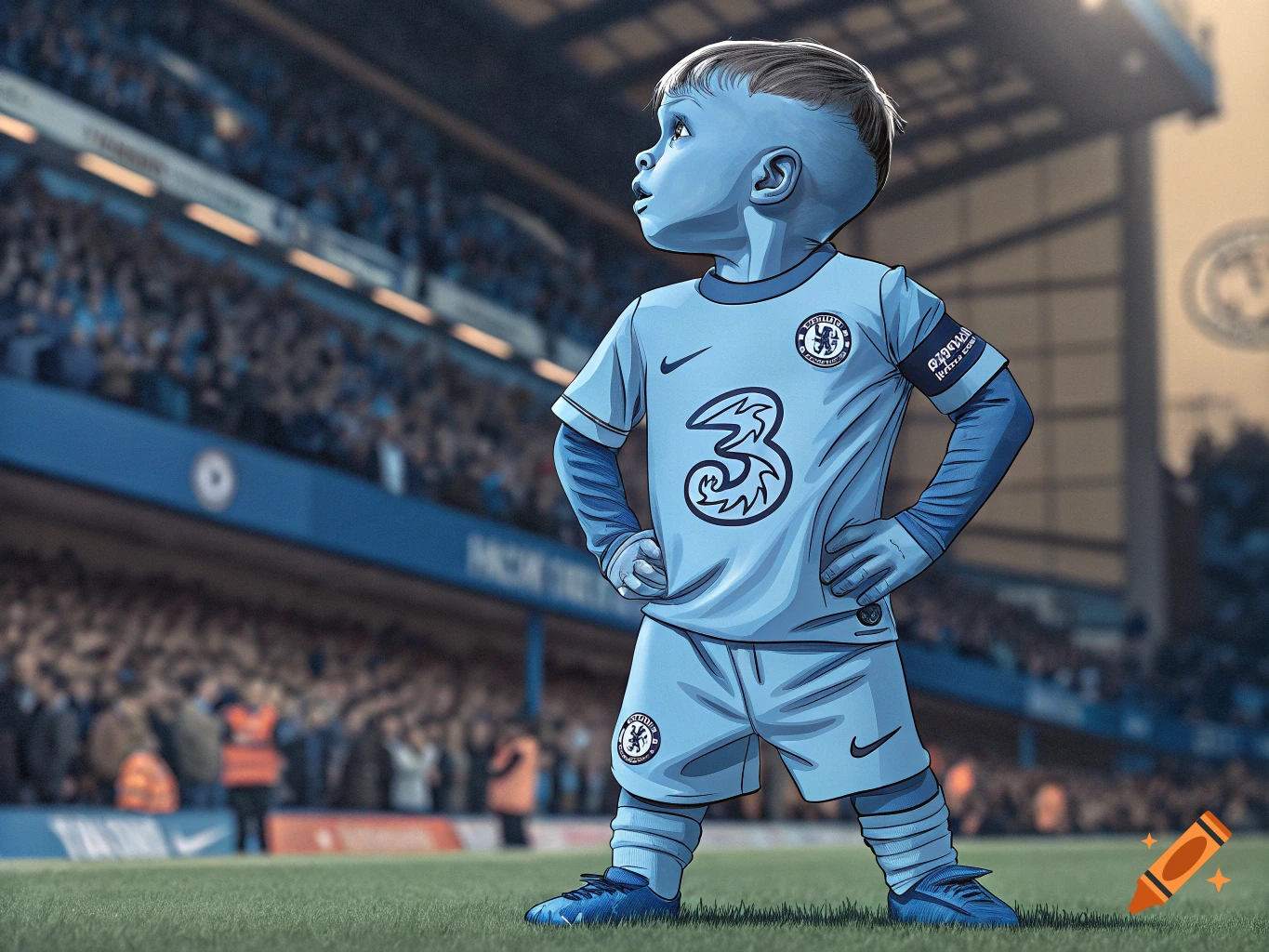 Cartoon of a young boy in a blue Chelsea soccer uniform on a field in a ...
