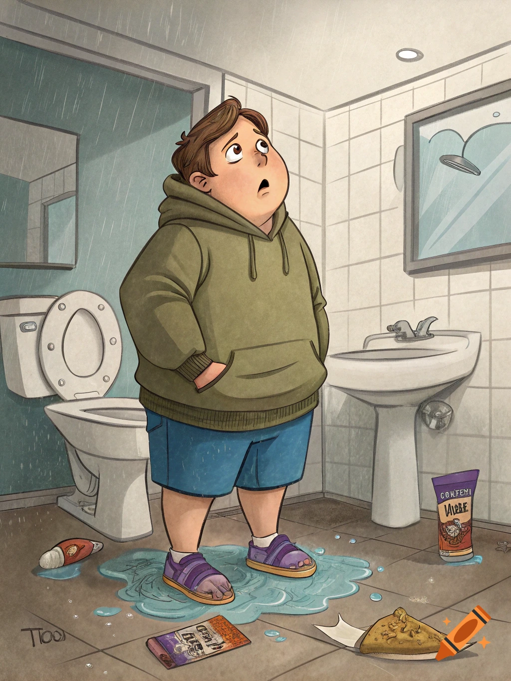 Cartoon illustration of a boy in a bathroom looking up as the toilet ...