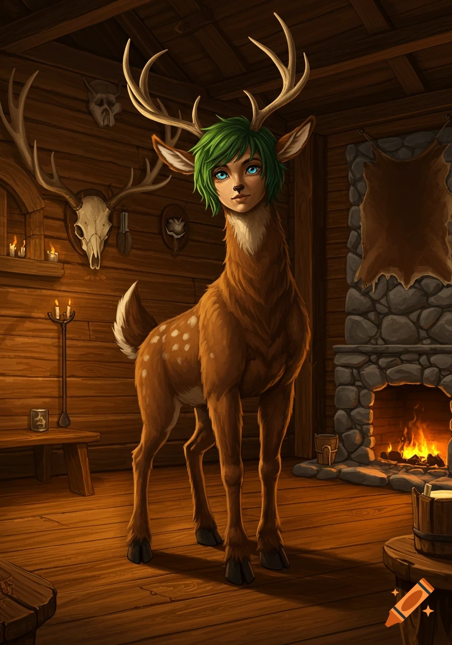 A half-human, half-deer creature with green hair stands in a rustic ...