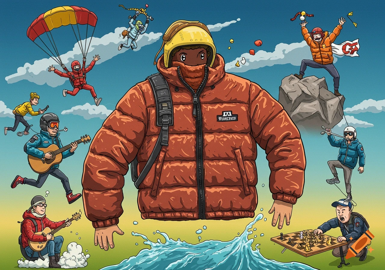 Cartoon illustration of a giant floating orange puffer jacket ...