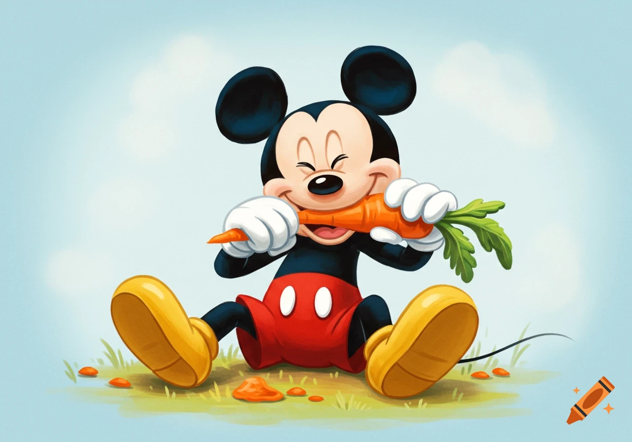 Mickey Mouse sits on grass happily eating a carrot in a bright cartoon ...