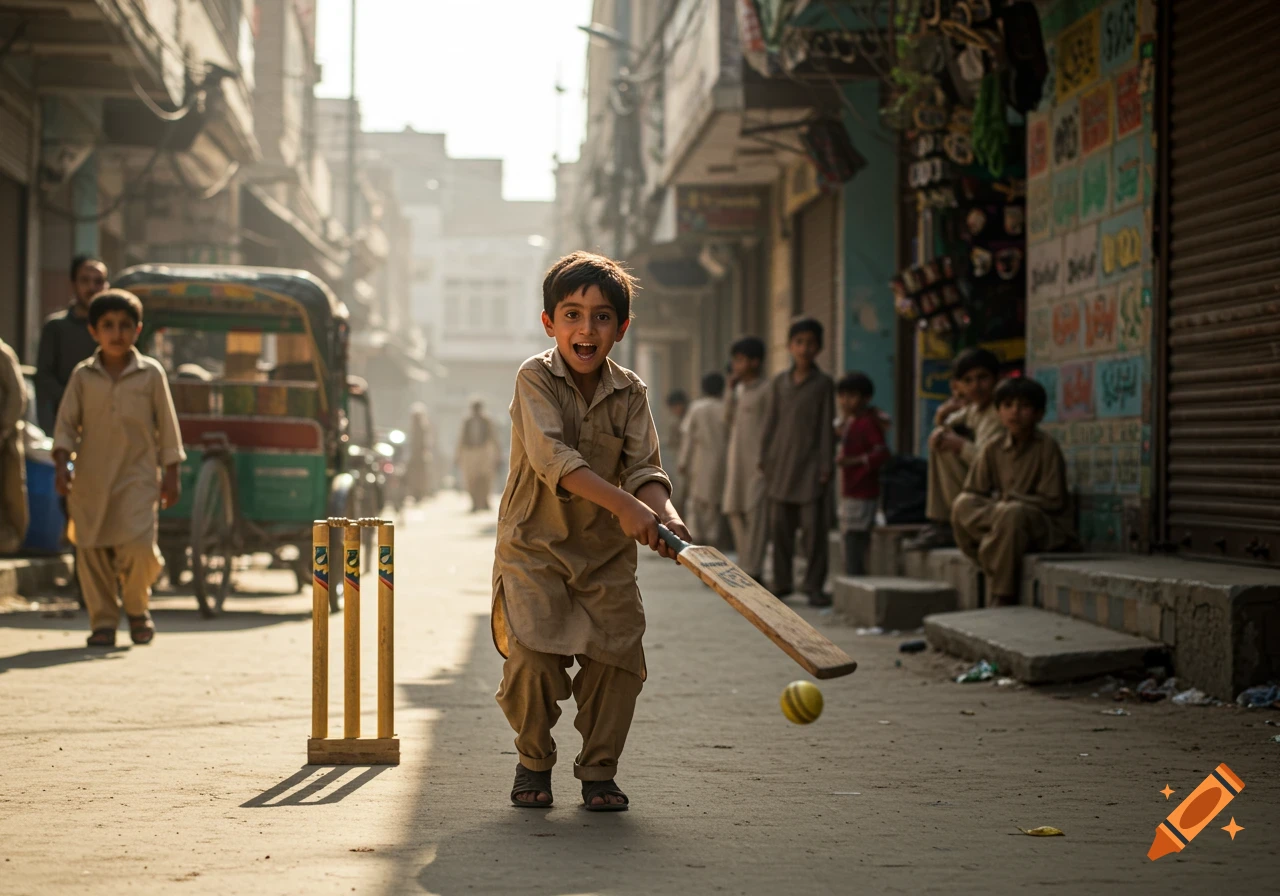 A young boy swings a bat at a ball while playing street cricket with ...