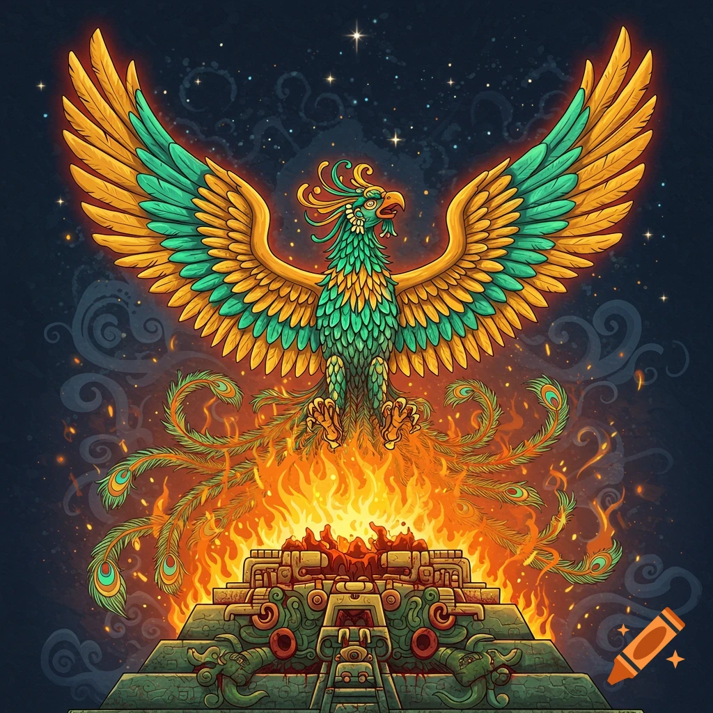 An Aztec style phoenix with outstretched wings hovers above flames on ...