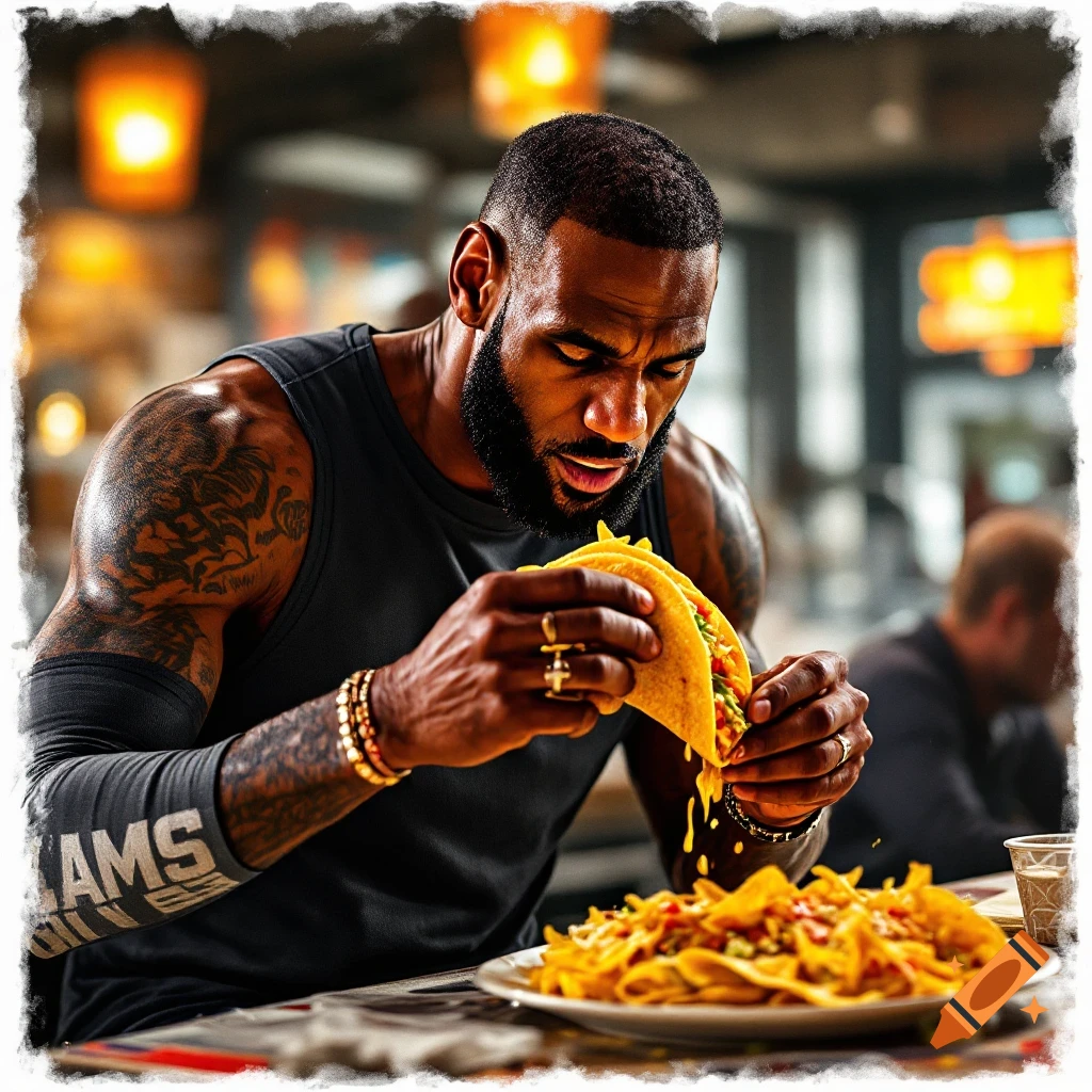 Lebron James eating tacos, photorealistic style. on Craiyon