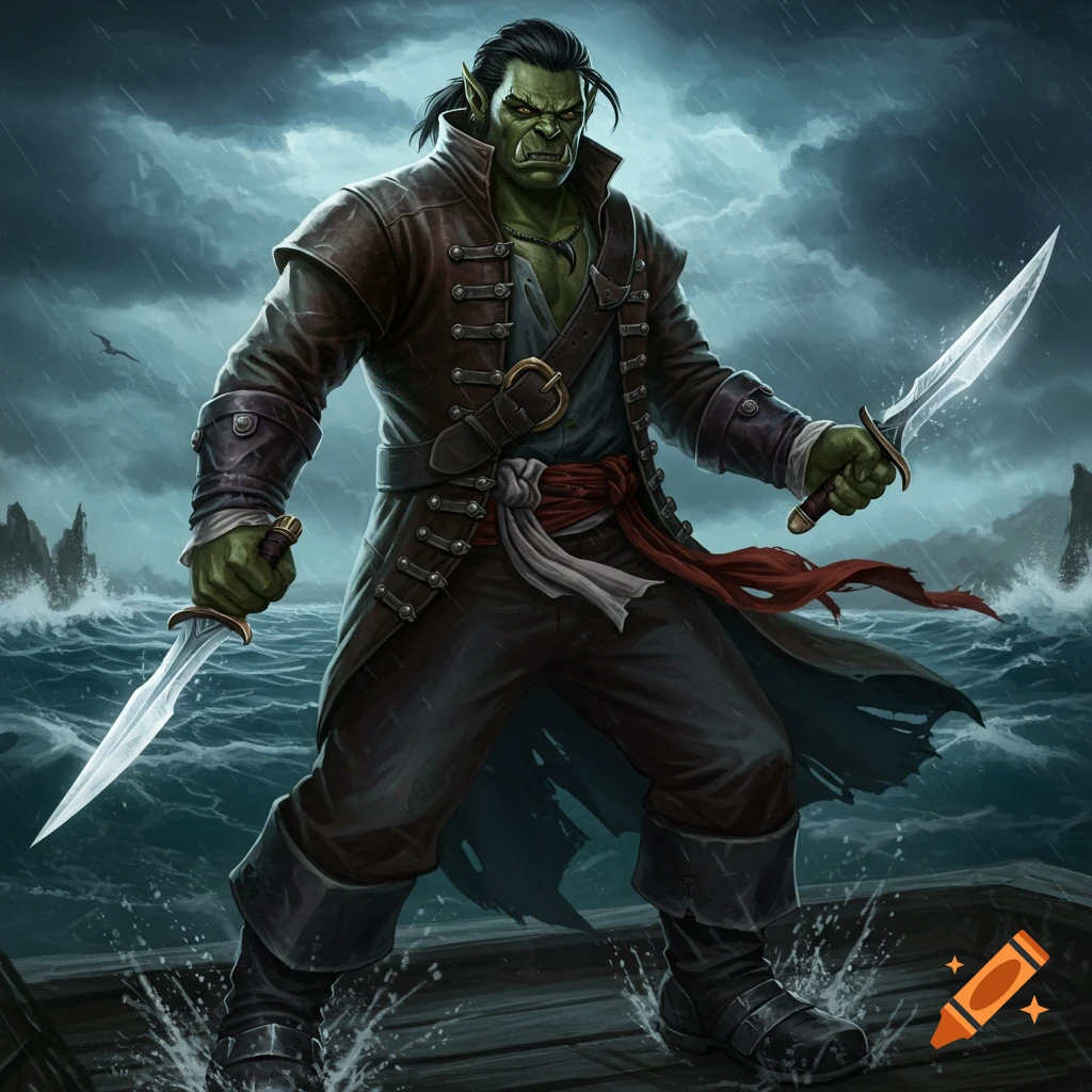 A half-orc pirate stands on a ship in a stormy sea, holding two daggers ...