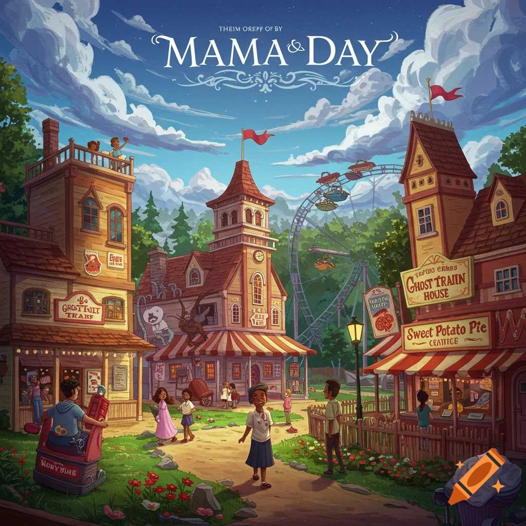 An illustration of a colorful, whimsical theme park with wooden ...