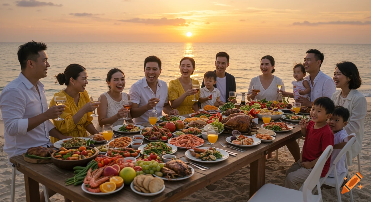 A family enjoys a huge feast at a table on a beach during sunset. on ...