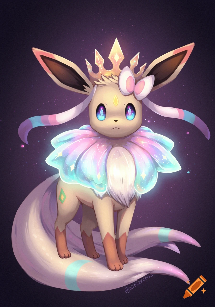 An illustration of an Eevee wearing a golden crown and a colorful ...