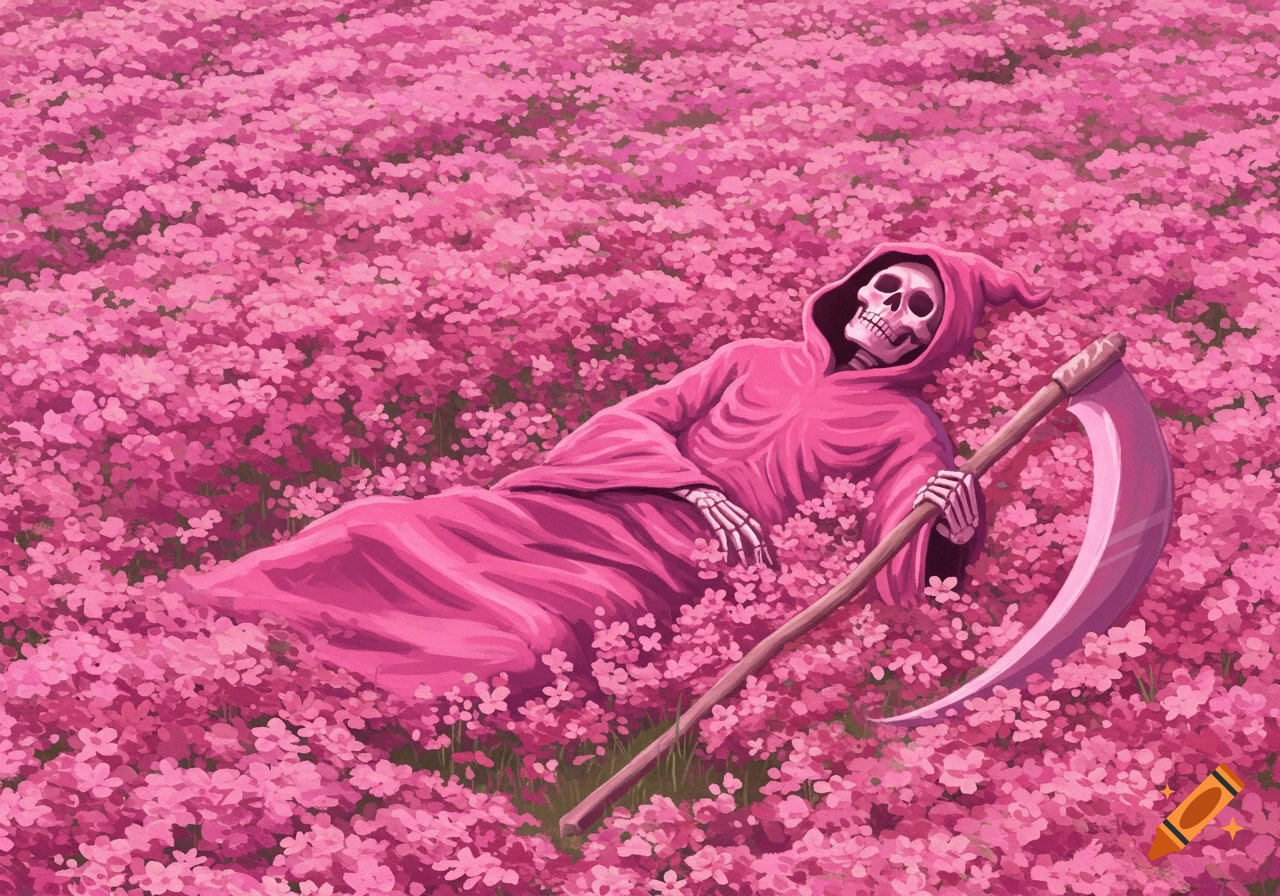 Pink Grim Reaper lies in a field of pink flowers. on Craiyon