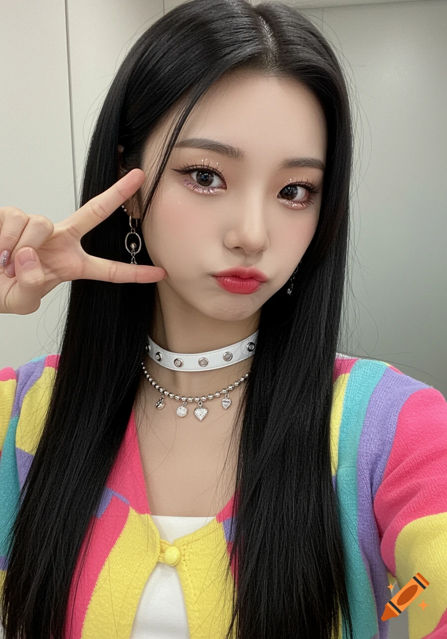 Close-up portrait of young woman with long black hair, colorful top ...