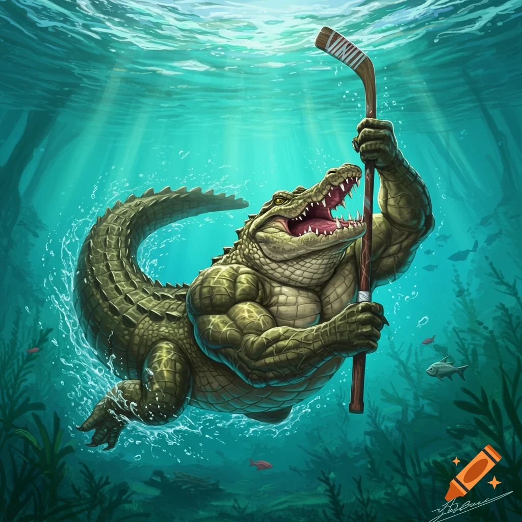 Muscular alligator holds a hockey stick underwater, smiling menacingly ...