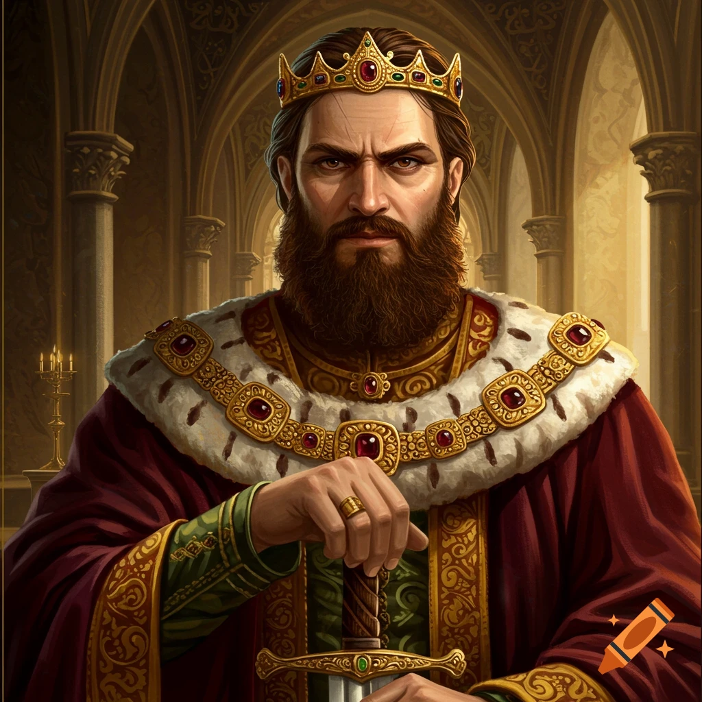 A stern king wearing a crown and regal robes holds a sword in a palace ...