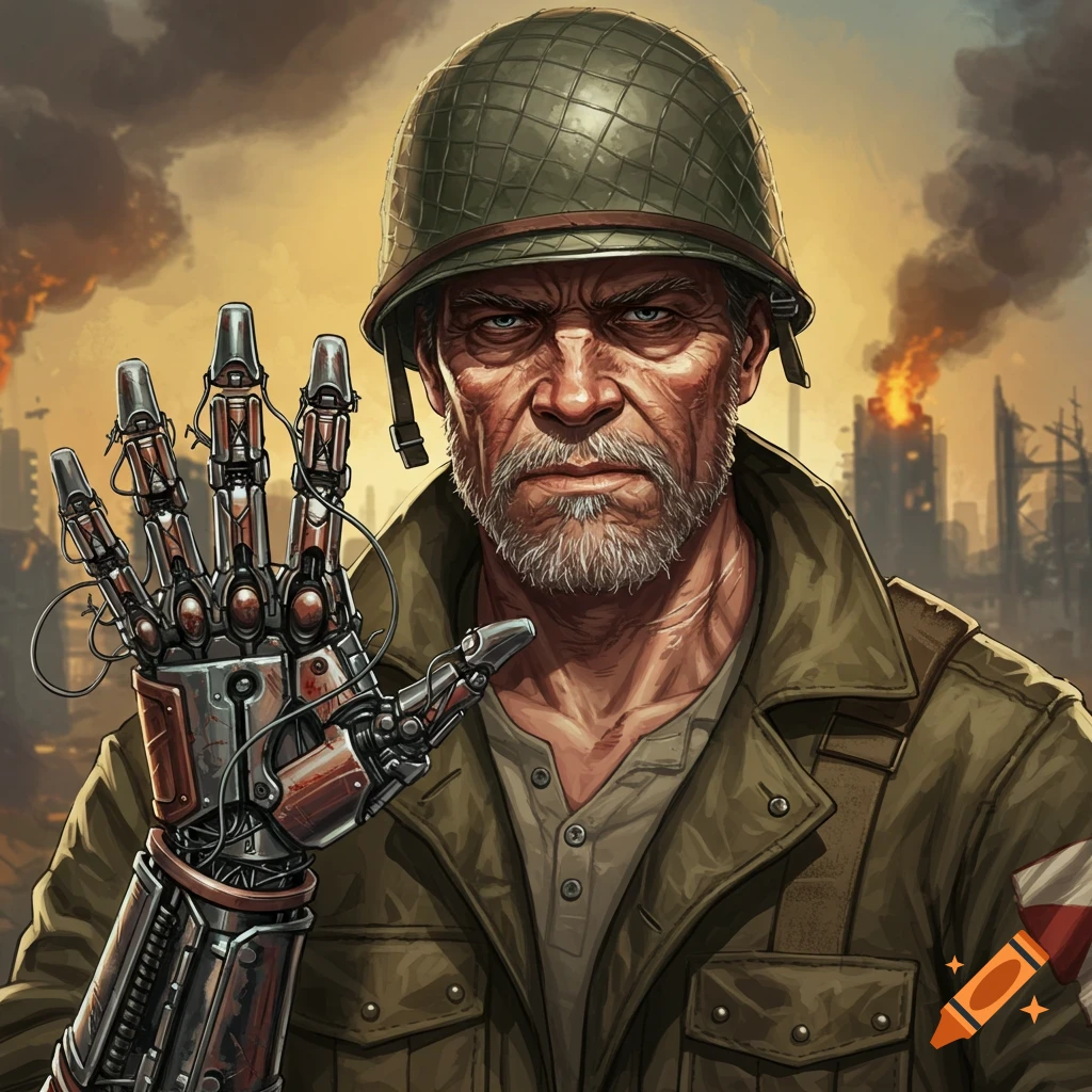 Illustration of a soldier with a robotic hand and helmet in a war-torn ...