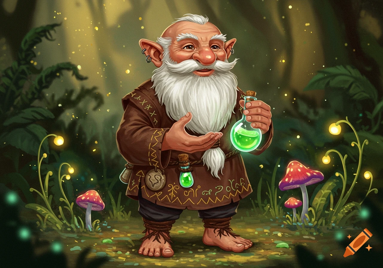 A friendly gnome holds a glowing green potion in a magical forest. on ...