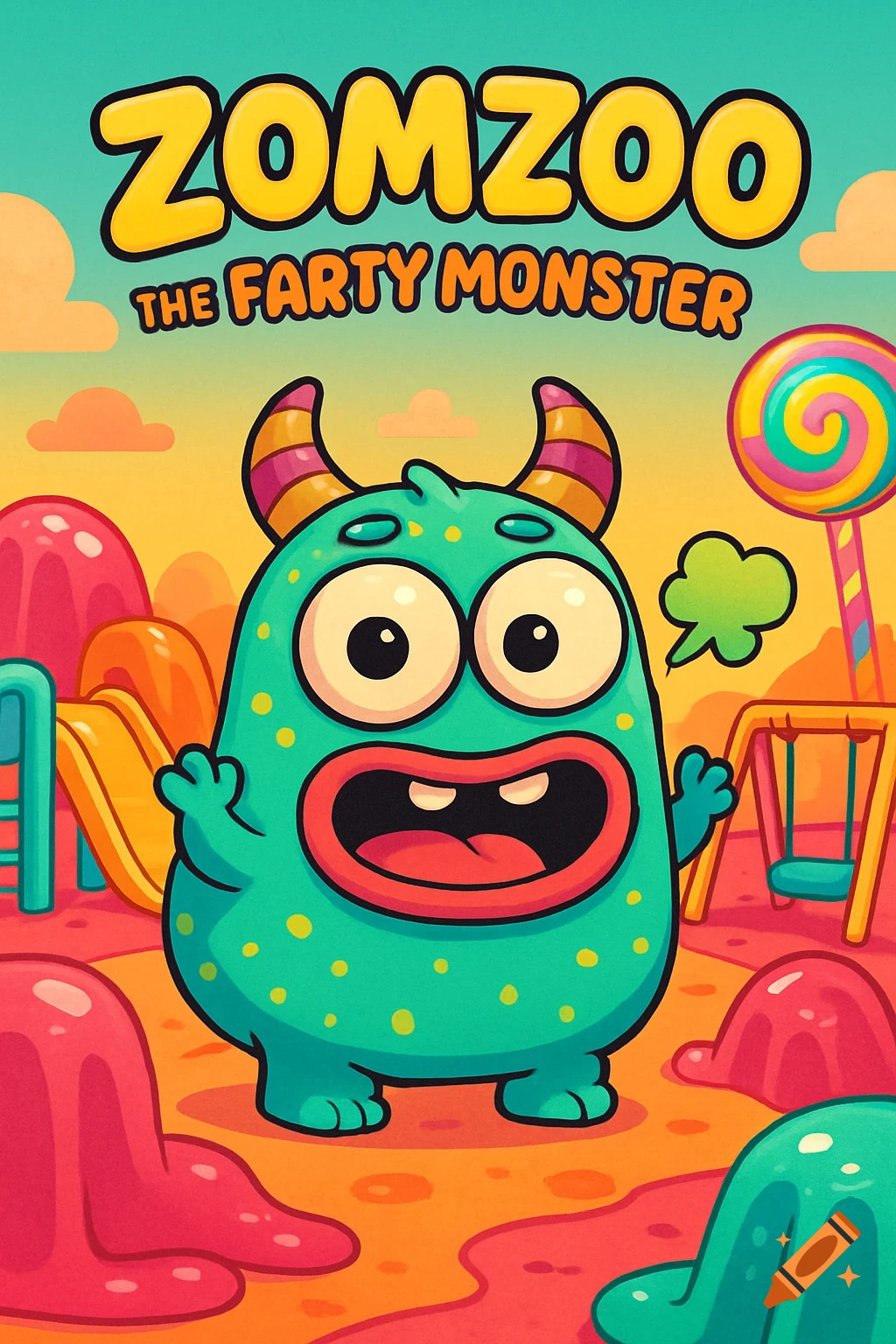 Cartoon monster in a colorful, surreal playground with text 'Zomzoo the ...