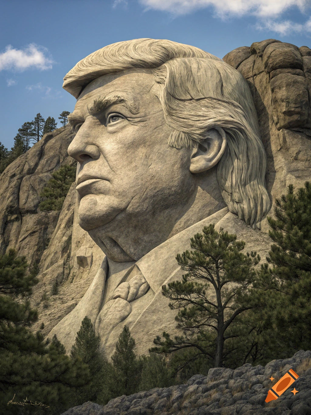 Giant stone carving resembling Donald Trump on a mountainside, similar ...