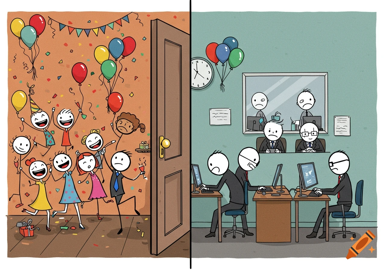 Cartoon drawing split scene: joyful stick figures party on left, glum ...