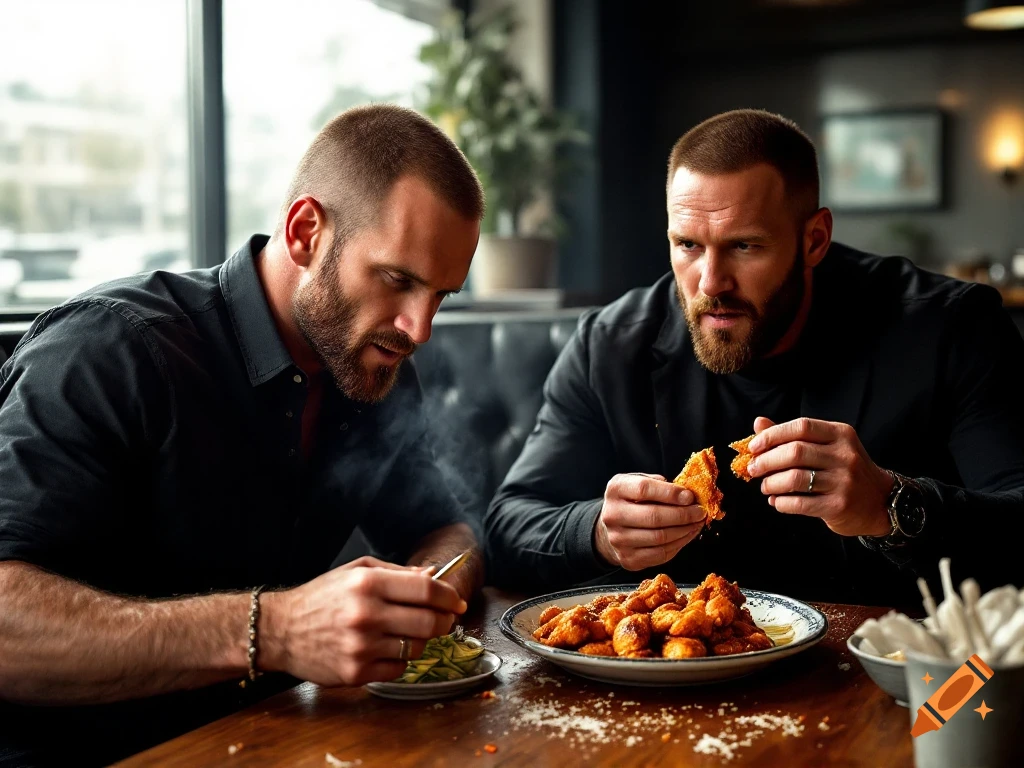 Two men eating chicken wings at a table in a restaurant. on Craiyon