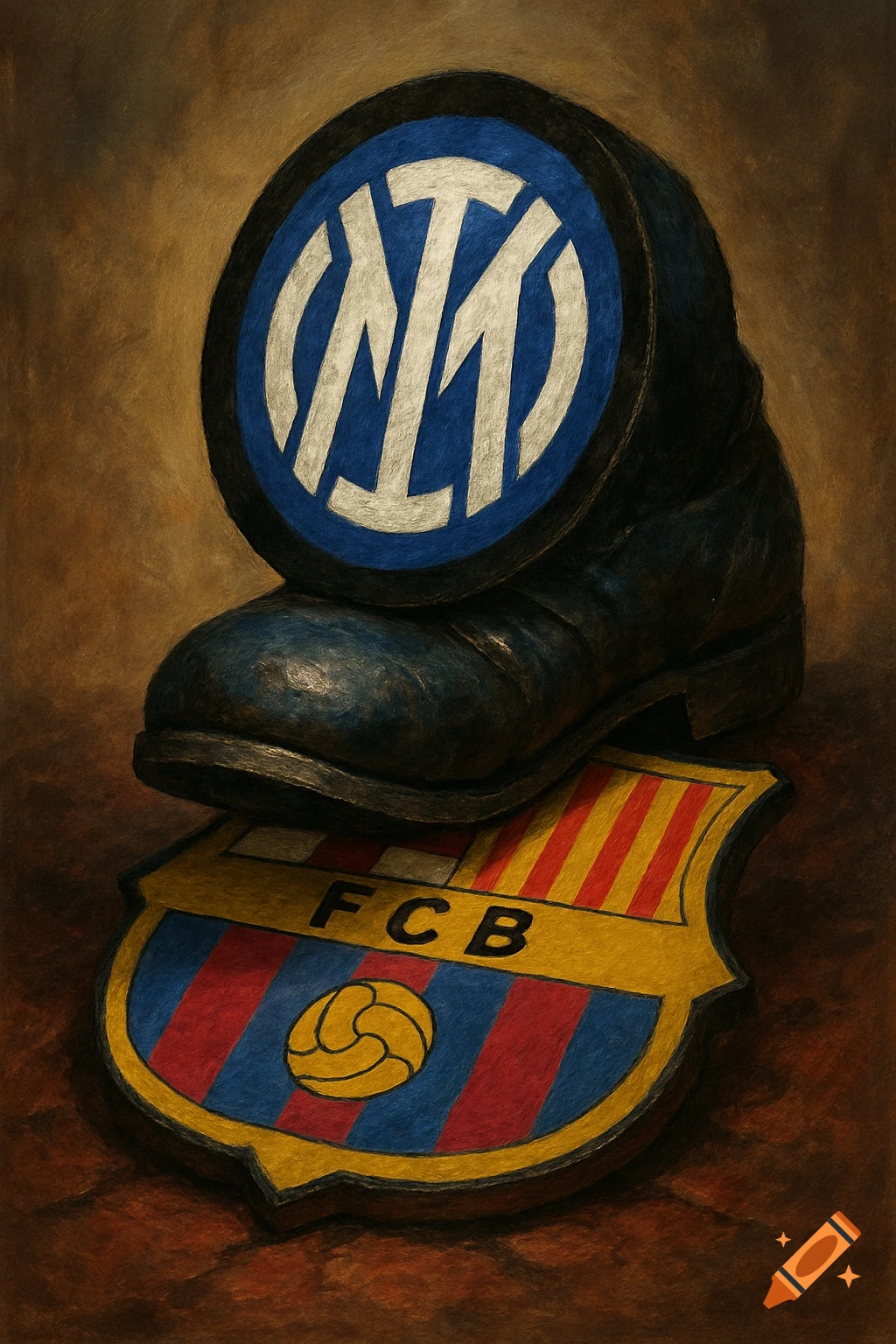 Painting of a boot with the Inter Milan logo stepping on the FC ...