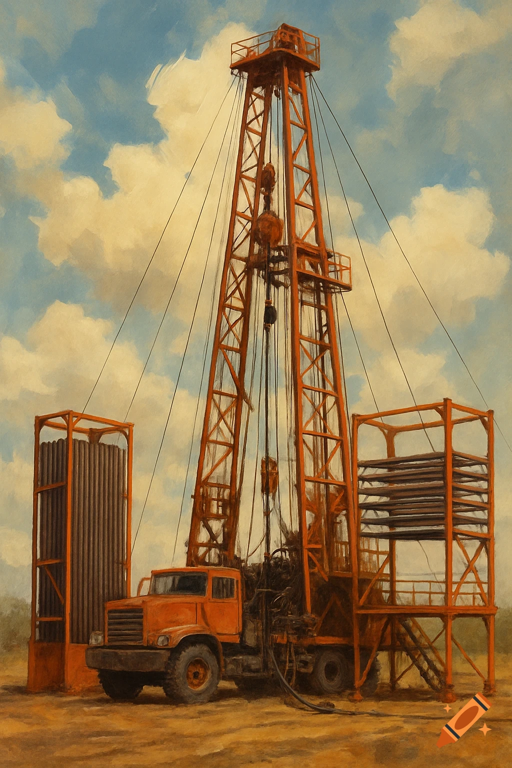 A workover rig with a truck and structures in a field under a cloudy ...