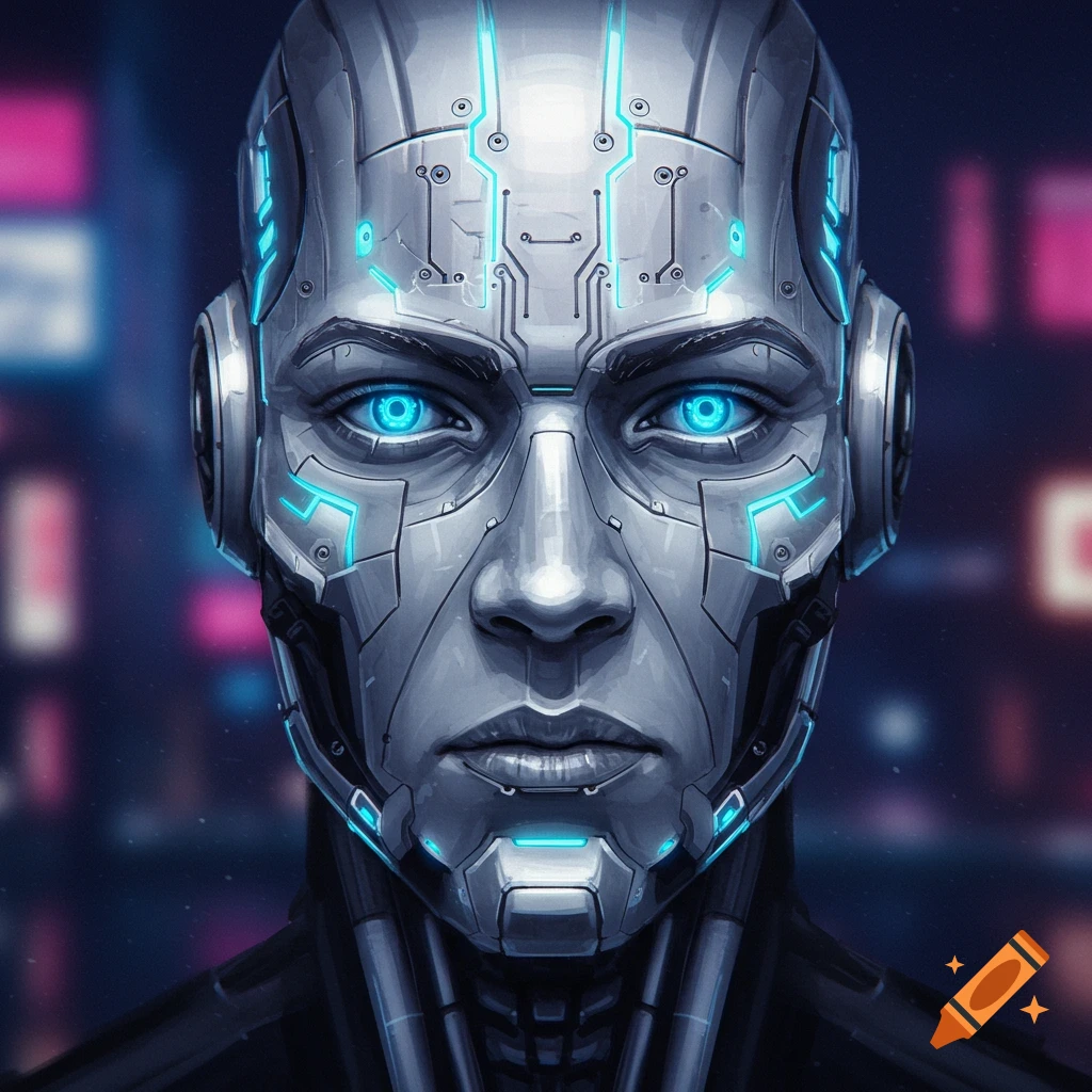 Close-up of a futuristic robot face with glowing blue eyes and metallic ...