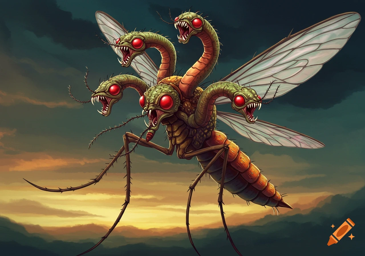 Illustration of a mosquito monster with multiple snake heads flying at ...