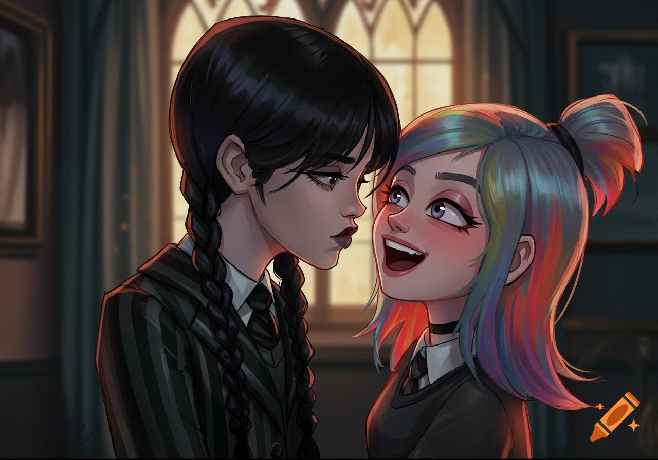 Stylized illustration of Wednesday Addams and Enid Sinclair looking at ...