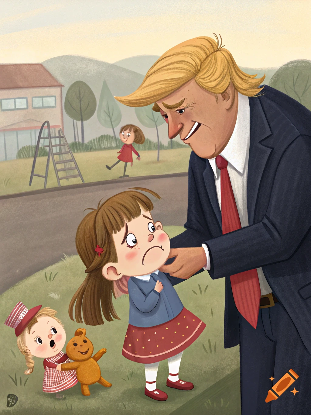 Cartoon illustration of Donald Trump looking down at an upset girl at a ...