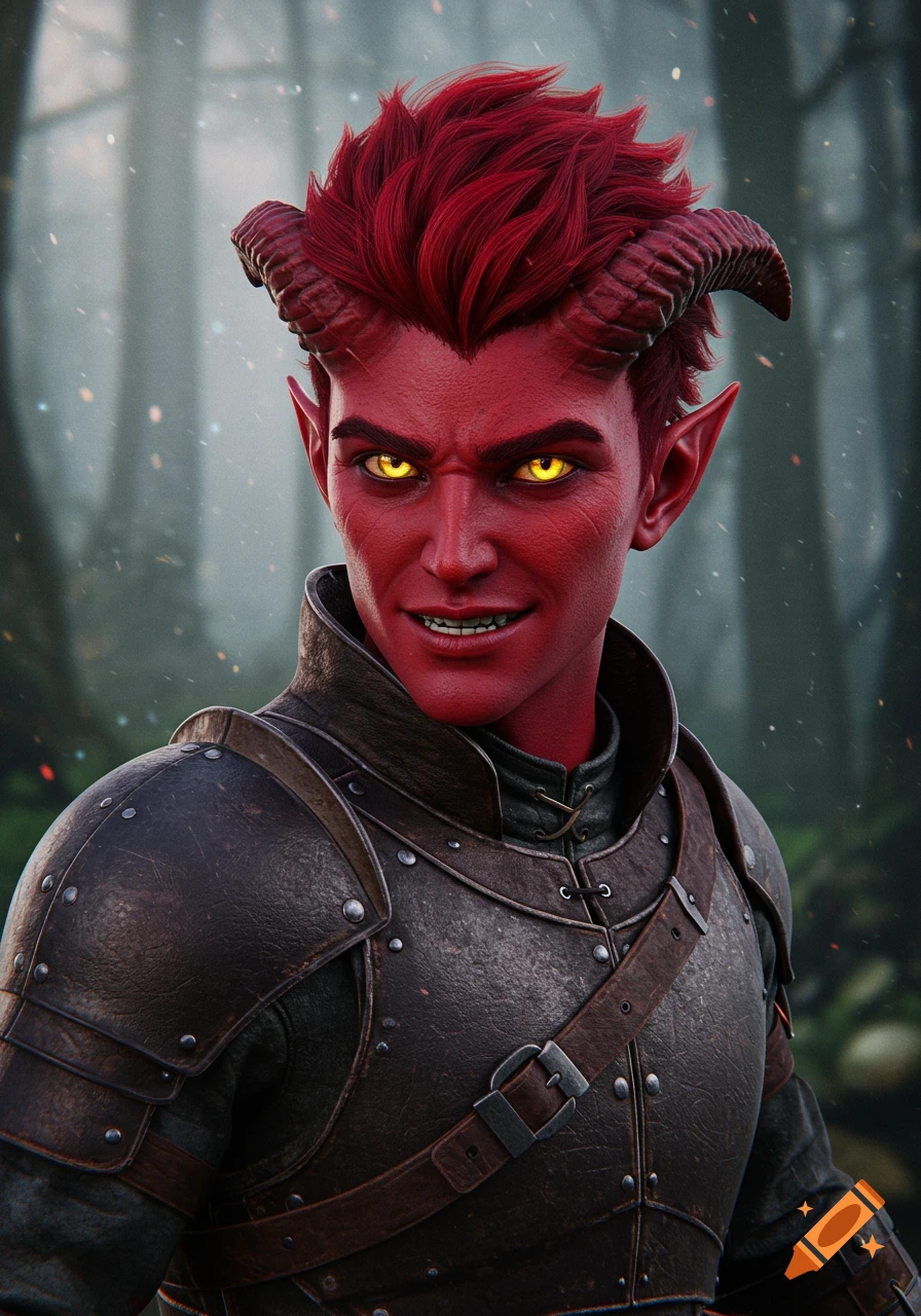 Portrait of a red-skinned tiefling character with gold eyes and red hair wearing leather armor ...