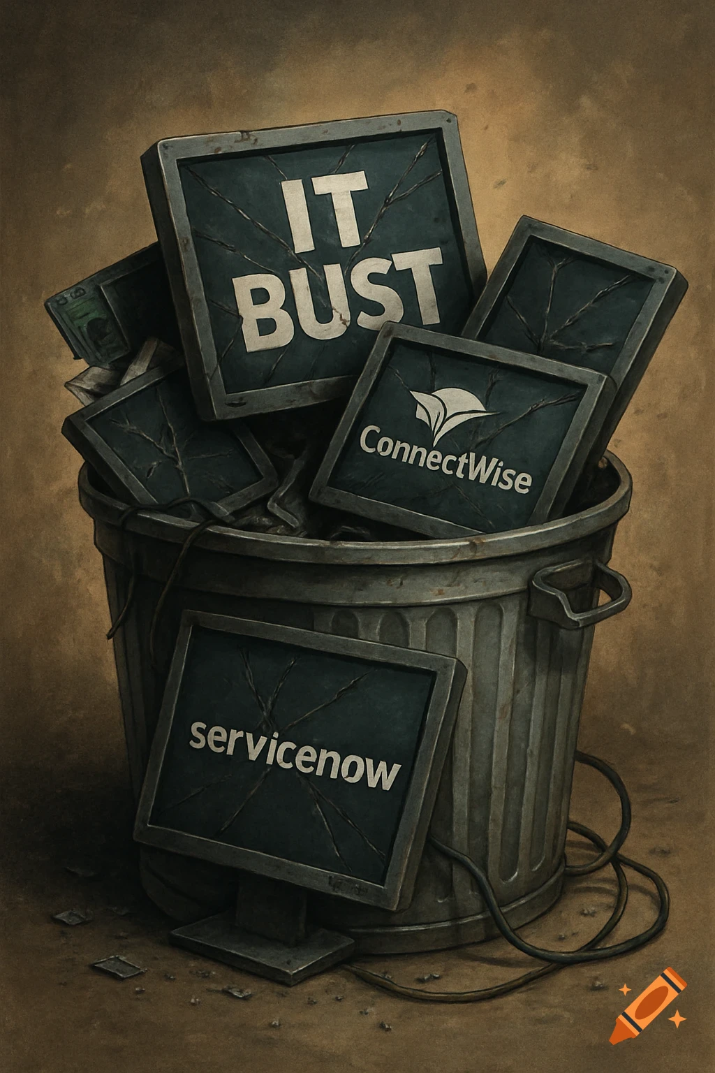 Trash can full of broken computer monitors with text on screens, in an ...