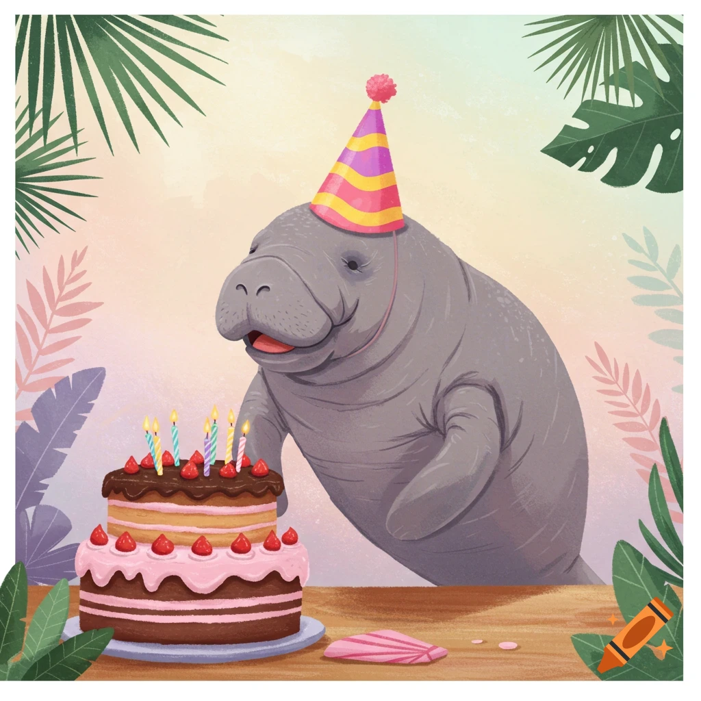 Illustration of a manatee wearing a party hat next to a birthday cake ...