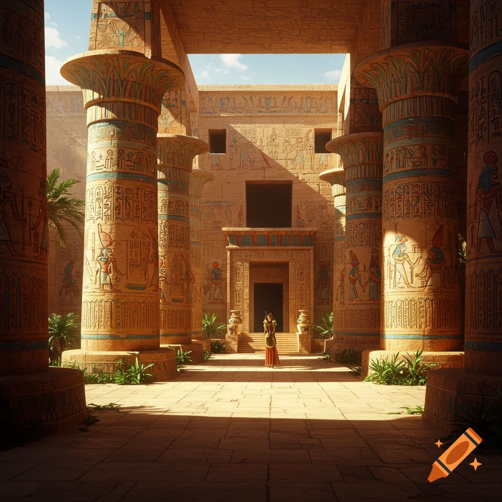 Sunlight streams into an ancient Egyptian palace courtyard with massive ...