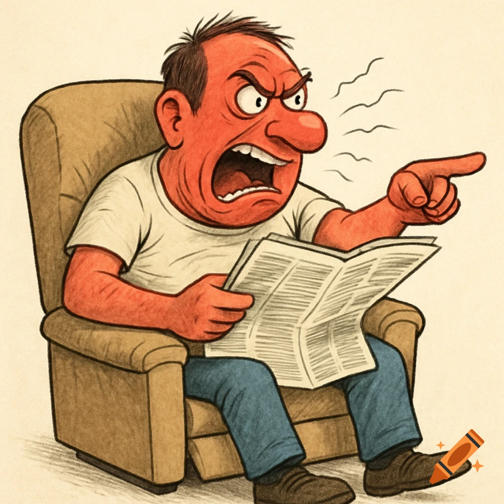 Cartoon illustration of an angry man with a red face sitting in a ...