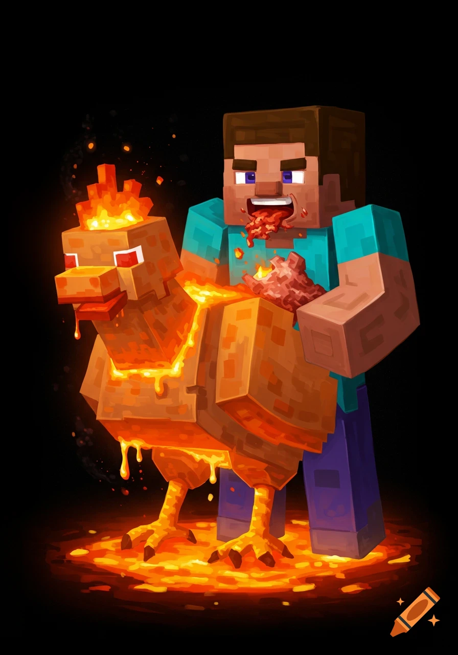 Minecraft Steve eating a lava chicken, blocky style. on Craiyon