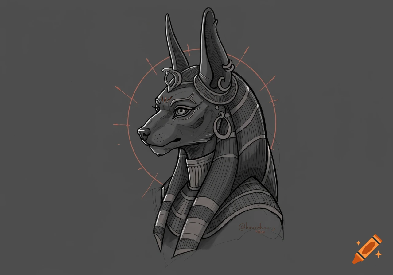 Line art sketch of the head and shoulders of Anubis, the Egyptian ...