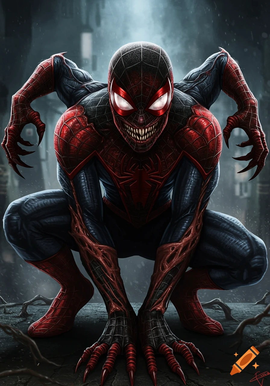 Monstrous, multi-limbed Spider-Man with sharp teeth and claws crouched ...