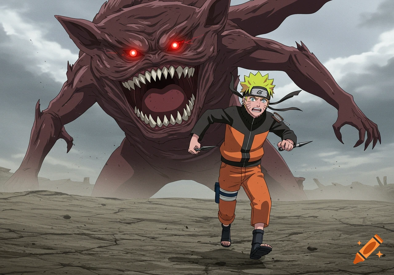 Anime character resembling Naruto runs from a giant red monster in a ...
