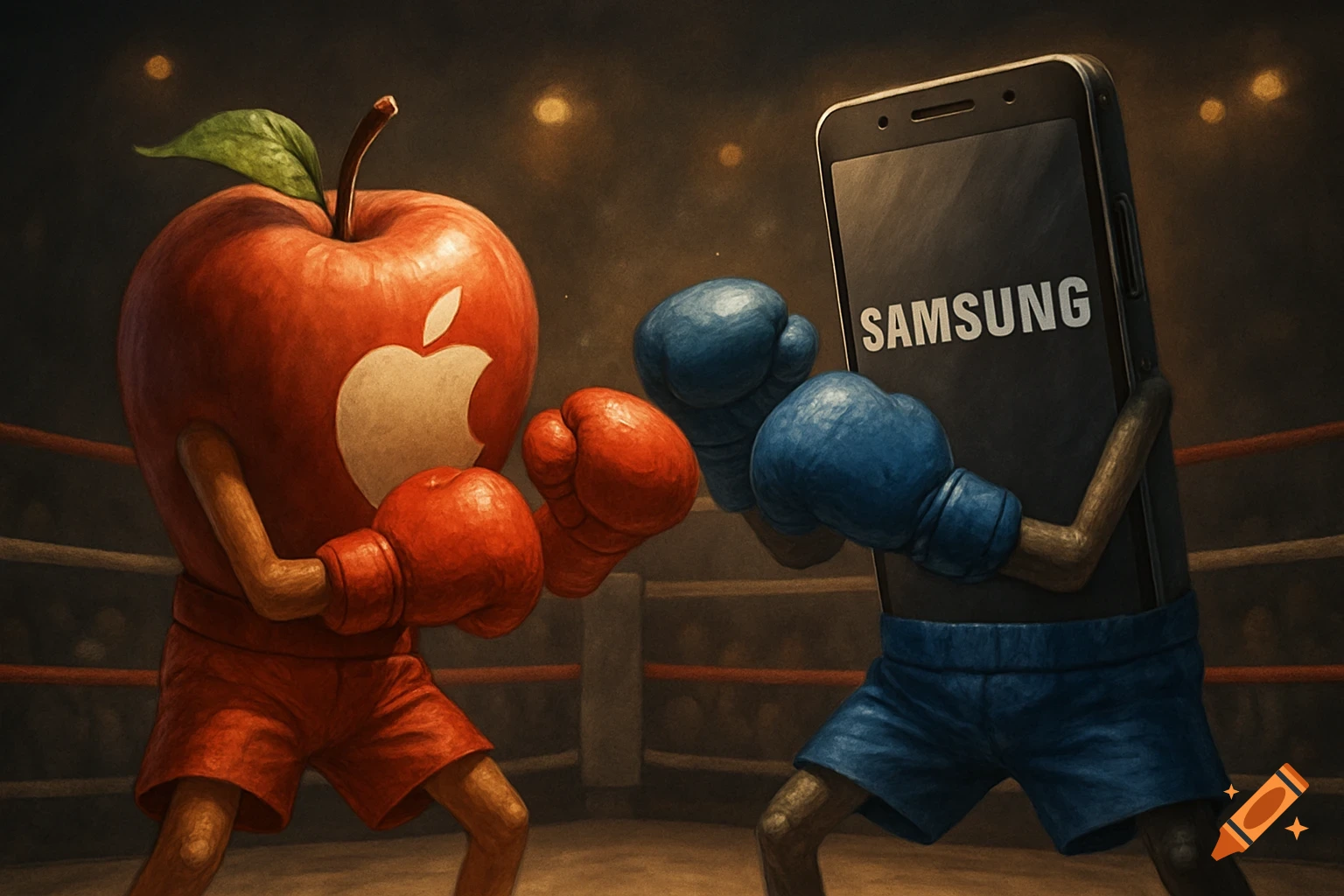 Apple with boxing gloves fights Samsung phone in boxing ring, painting ...