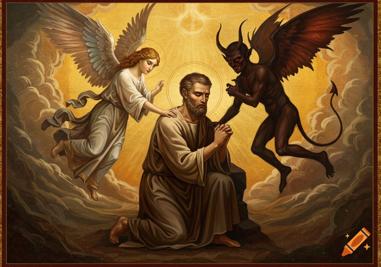 Religious icon of a man praying between an angel and a devil. on Craiyon