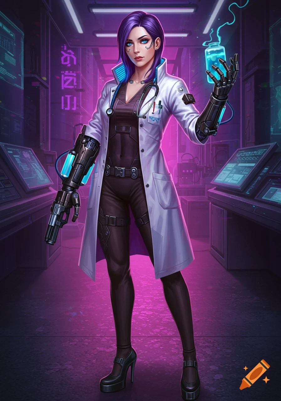 Cyberpunk doctor with purple hair and cybernetic arm in a sci-fi lab ...