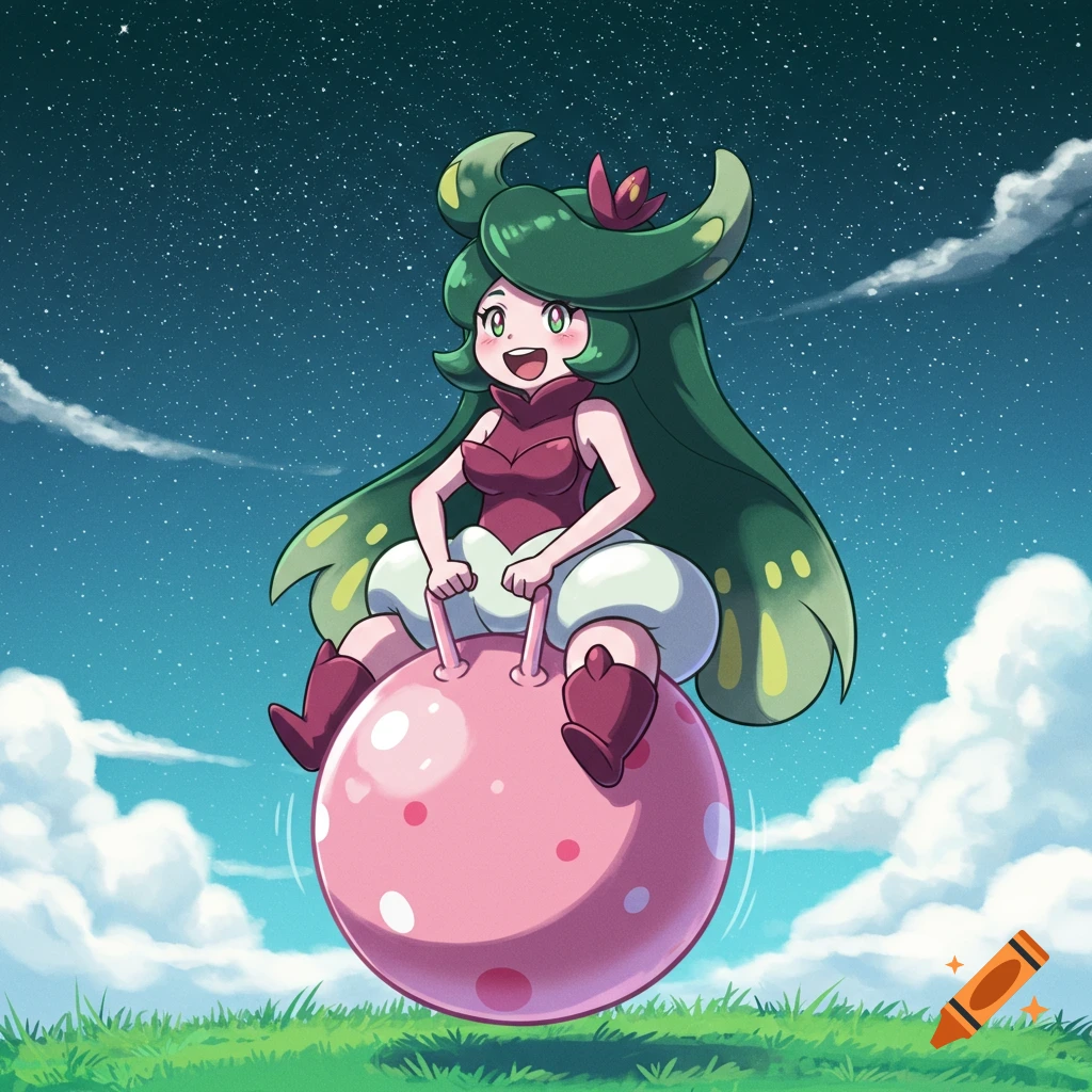 Anime character like Tsareena bouncing on a pink space hopper under a ...